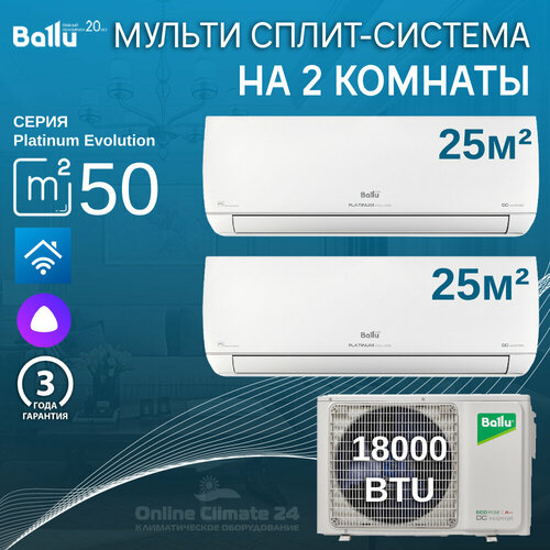 Инверторная мульти сплит-система BALLU на 2 комнаты (25 м2 + 25 м2) BA2OI-FM/out-18HN8/EU+2*BSUI-FM/in-09HN8/EU, белый