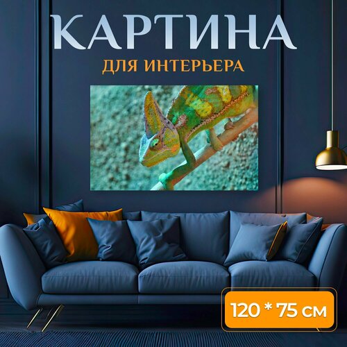 Картина на холсте "Хамелеон, зеленый, террариум" на подрамнике 120х75 см. для интерьера