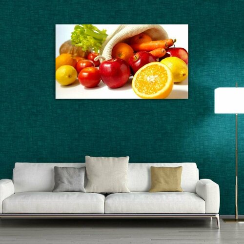 Картина на холсте 60x110 LinxOne "Еда Яблоки Помидор Лимон" интерьерная для дома / на стену / на кухню / с подрамником