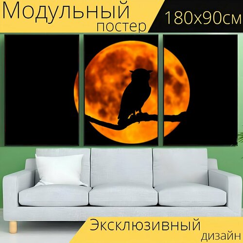 Модульный постер "Сова, луна, ночь" 180 x 90 см. для интерьера