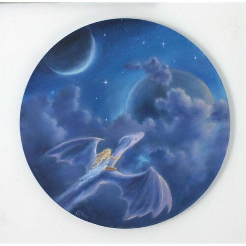Круглая картина маслом ручной работы "Полёт на драконе", холст 40х40 см, для интерьера, в стиле фэнтези, дракон