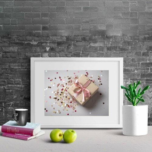 Постер "Подарок с розовым бантом" Cool Eshe из коллекции "Интерьеры на любой вкус", плакат на стену А4 (29,7 х 21 см)