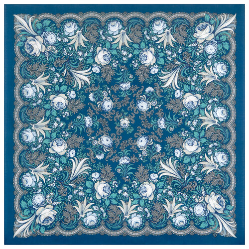 Платок Павловопосадская платочная мануфактура,80х80 см, синий, серый