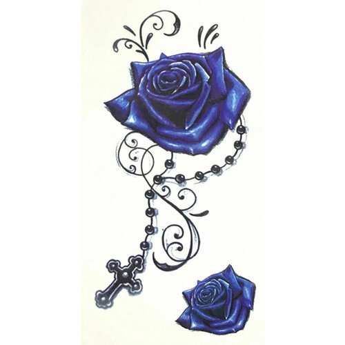 Тату переводное - Роза и крестик, 11.3х21 см, цвет синий, 1 шт