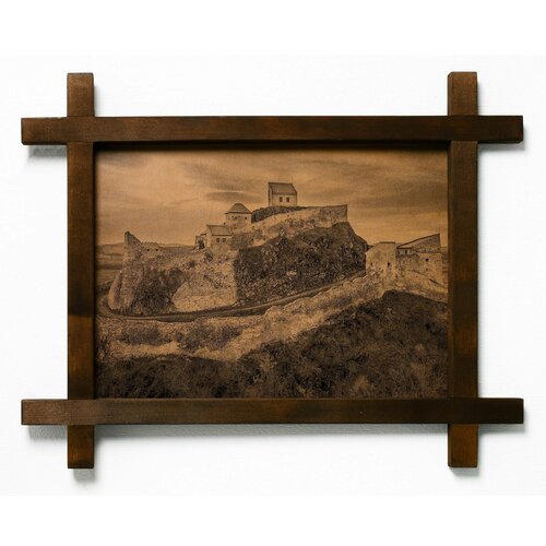 Картина Крепость Рупя, Румыния, гравировка на натуральной коже, в деревянной раме, подарок, BoomGift