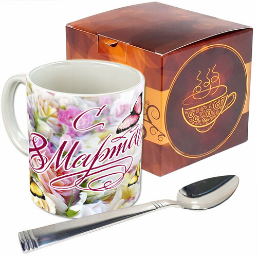 Кружка с ложкой в подарочной коробке "Кружка к 8 Марта", классическая, для чая и кофе, керамика, 330 мл