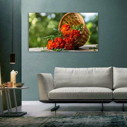 Картина на холсте 60x110 LinxOne "Бархатцы корзинка осень" интерьерная для дома / на стену / на кухню / с подрамником