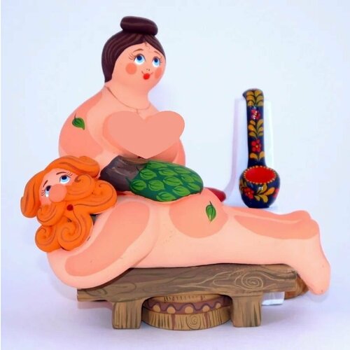 Банька - баба парит мужика, Ковровская глиняная игрушка, ручная авторская работа