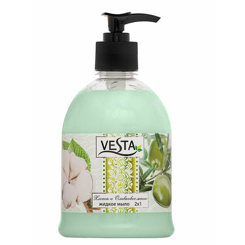 Жидкое мыло "Vesta" 2 в 1 для бани, душа, кухни с дозатором, Хлопок и оливковое масло,500 мл, в комплекте 2шт