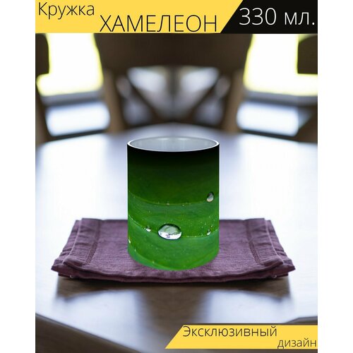 Кружка хамелеон с принтом "Лист, вода капает, капать" 330 мл.