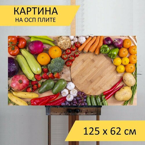 Картина на ОСП 125х62 см. "Овощи, фрукты, свежий" горизонтальная, для интерьера, с креплениями