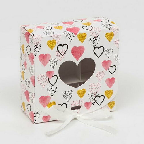 Подарочная коробка сборная с окном "Разноцветные сердечки", 11.5 x 11.5 x 5 см, 5 шт.