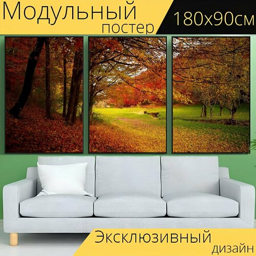 Модульный постер "Осень, лес, природа" 180 x 90 см. для интерьера