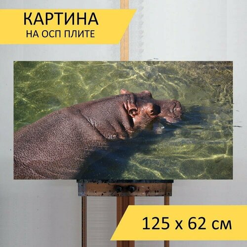 Картина на ОСП 125х62 см. "Бегемот, млекопитающее, животное" горизонтальная, для интерьера, с креплениями