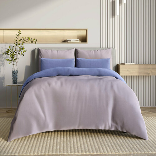 Комплект постельного белья евро с пододеяльником на молнии Гармоника "Моно", 4 наволочки, сатин (хлопок 100%), розовый, синий, Ecotex