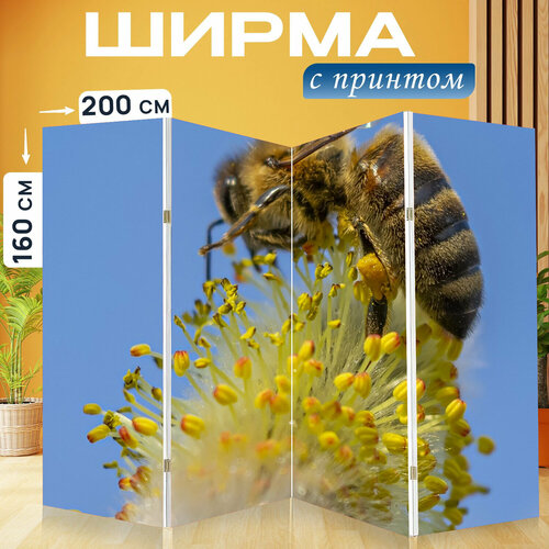 Ширма перегородка с принтом "Пчела, цветок, цветочная пыльца" на холсте - 200x160 см. для зонирования, раскладная