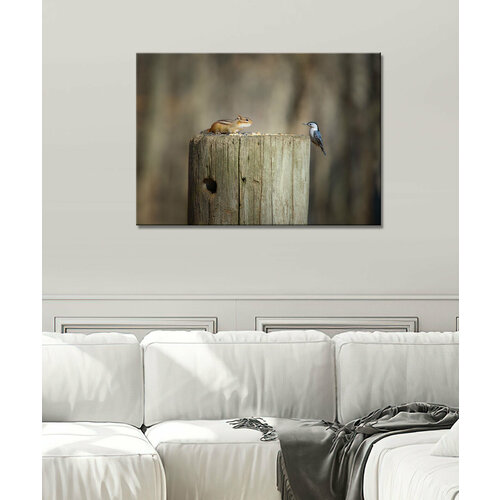 Картина - Бурундук, бурундучок, полосатый бурундук на пеньке, забавный бурундук с птичкой (57) 30х40