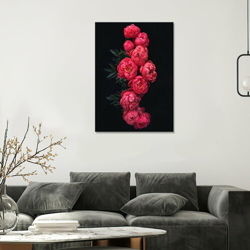 Интерьерная картина на холсте - ярко-розовые пионы на черном фоне 50х70