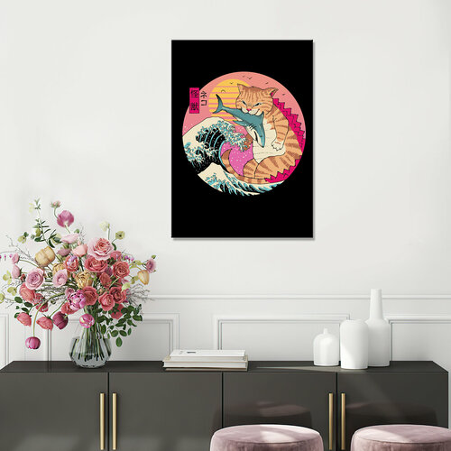 Интерьерная картина на холсте - Котик с рыбкой японская стилистика 60х80