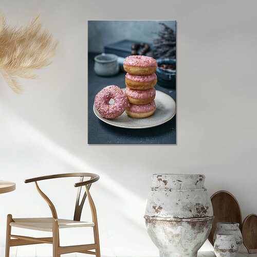 Картина/Картина на холсте для интерьера/Картина на стену/Картина для кухни/ - Пончики на тарелке на тёмном фоне 20х30