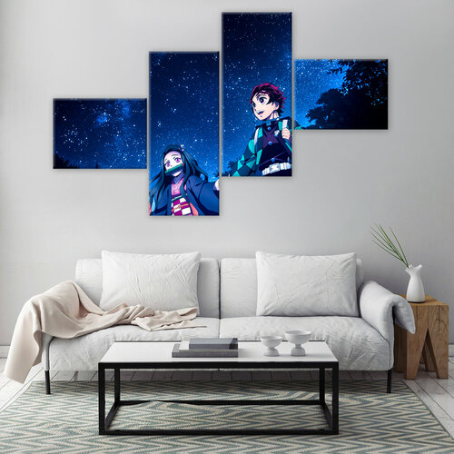Модульная картина/Модульная картина на холсте/Модульная картина в подарок - Танджиро с Незуко и звёздное небо 140х85