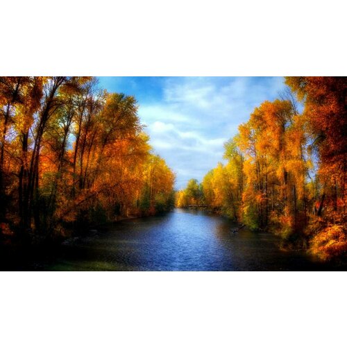 Картина на холсте 60x110 LinxOne "Осень небо река деревья" интерьерная для дома / на стену / на кухню / с подрамником