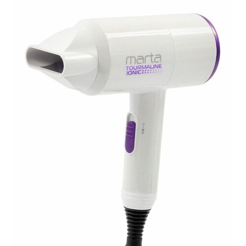 Фен для волос Marta / Марта MT-1267 с защитой от перегрева белый 3 температурных режима 2 мощности 1 насадка 1600Вт шнур 1.55м / для укладки