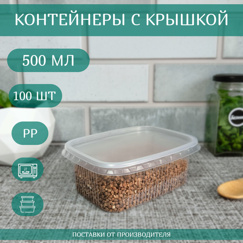 Контейнеры одноразовые с крышкой для хранения и заморозки продуктов 100 шт, объем 500 мл, "Каштан Практик L"