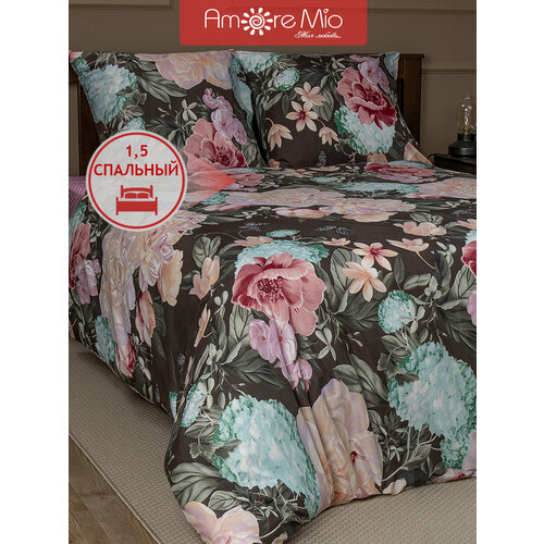 Постельное белье Amore Mio Макосатин Pleasure, 1,5 спальный комплект, полисатин, микрофибра, серый, розовый, сиреневый, с принтом цветы
