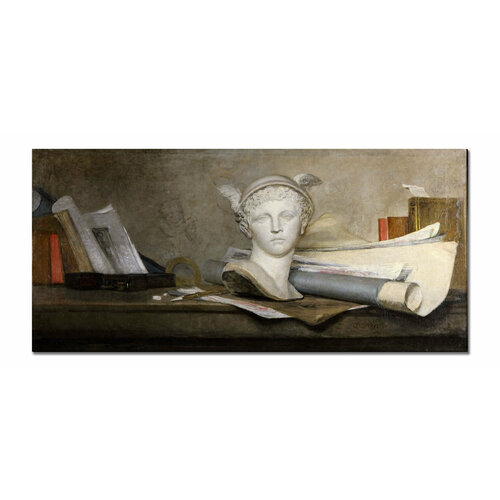 Картина для интерьера на холсте Жан Батиста Шардена «Натюрморт с атрибутами искусств» 28х60, холст натянут на подрамник