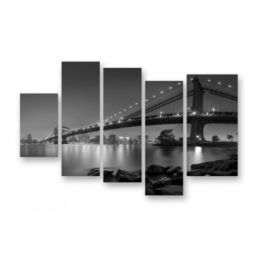 Модульная картина на стекле | Diva Kartina | Город. Нью-Йорк Черно-белый Бруклинский мост | 160X110 см