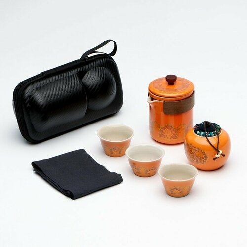 Джекичай Набор для чайной церемонии 5 предметов, на 3 персоны, чашка 46 мл, чайник 250 мл, оранжевый