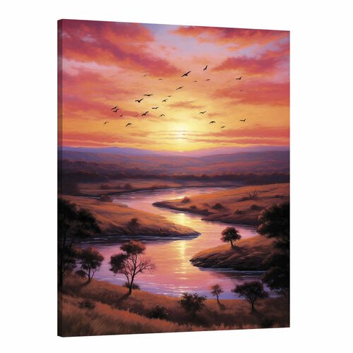 Интерьерная картина 50х70 "Пейзаж с рассветом и птицами в полете"