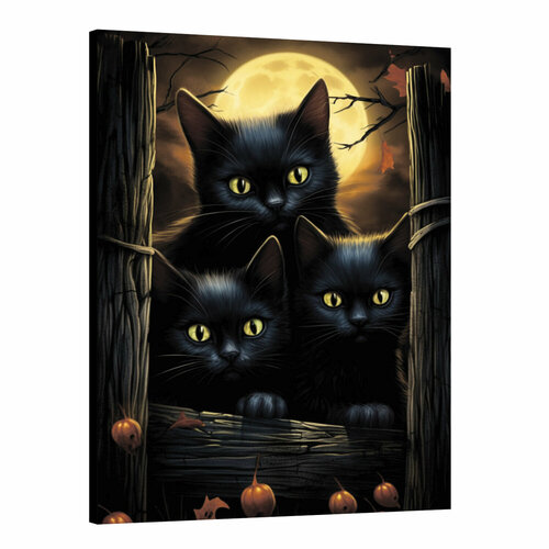Интерьерная картина 50х70 "Хэллоуин: Встреча с черными кошками"