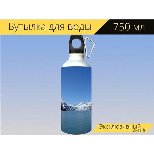Бутылка фляга для воды "Ледниковая бухта, аляска, живописный" 750 мл. с карабином и принтом