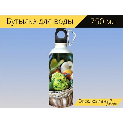 Бутылка фляга для воды "Корзина, тыквы, осенние украшения" 750 мл. с карабином и принтом