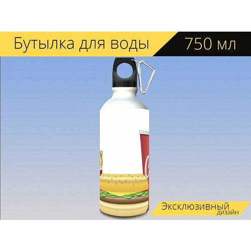 Бутылка фляга для воды "Бургер, фри, быстрое питание" 750 мл. с карабином и принтом