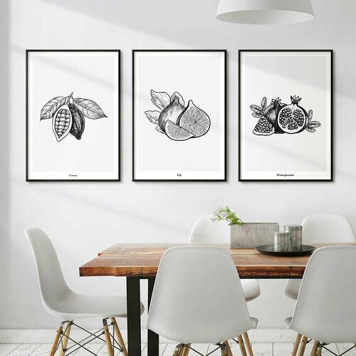 Плакат Постер 3 шт 50х70 без рамки "Фрукты для кухни минимализм (черно-белые рисунки)" набор картин для интерьера