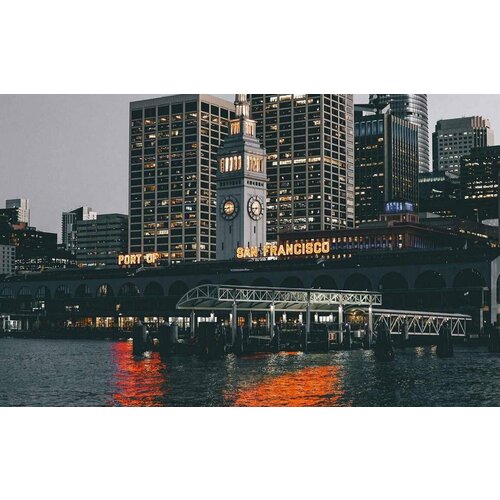 Картина на холсте 60x110 LinxOne "Сан-Франциско, США, мост, небоскребы" интерьерная для дома / на стену / на кухню / с подрамником