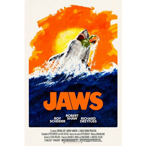 Плакат, постер на бумаге Челюсти (Jaws, 1975г). Размер 21 на 30 см