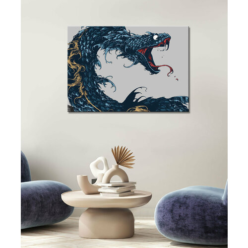 Картина - змея, арт, огромный змей, синий змей, морской змей (121) 20х30