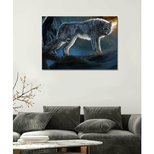 Картина - волк, волк ночью, волк с вороном, серый волк 50х70