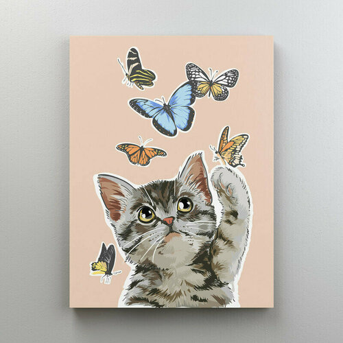 Интерьерная картина на холсте "Винтажный постер - котенок с бабочками" размер 22x30 см