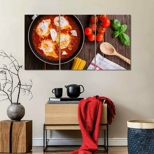 Модульная картина/Модульная картина на холсте/Модульная картина в подарок/яичница с помидорами-scrambled eggs with tomatoes 150х80