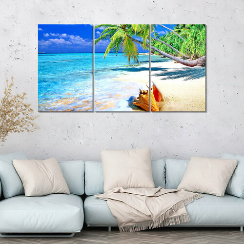 Модульная картина/Модульная картина на холсте/Модульная картина в спальню/Модульная картина в подарок - Пляж пальма и ракушка 90х50
