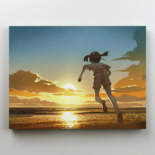 Интерьерная картина на холсте "Аниме - девочка с хвостиками бежит по пляжу" размер 30x22 см