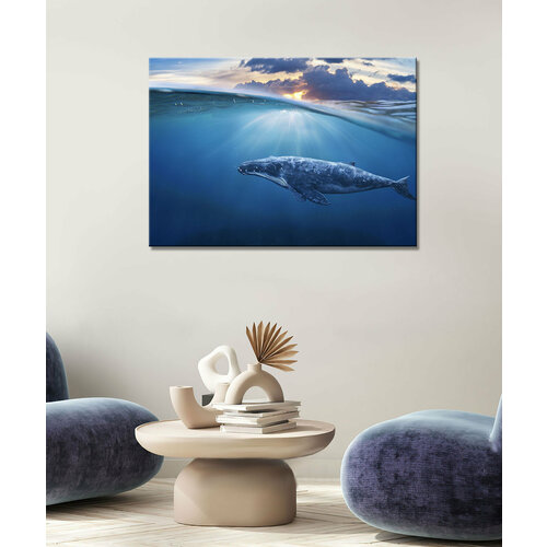 Картина - кит, синий кит, кит в океане, огромный кит, кит в воде (18) 50х70