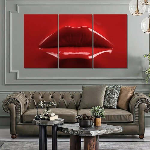 Модульная картина на холсте/ Красный глянцевые губы/Red glossy lips 90х50