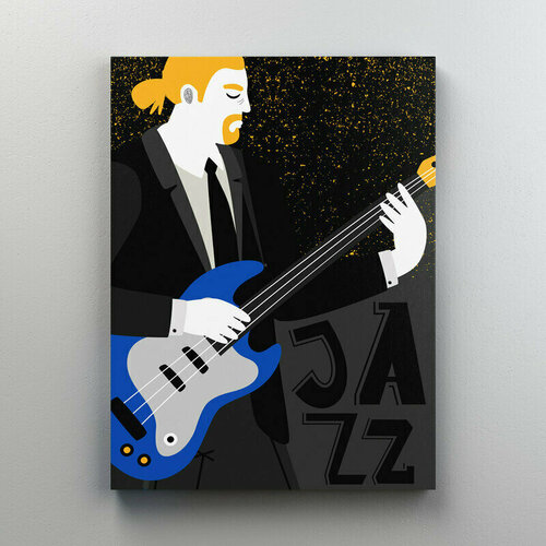 Интерьерная картина на холсте "Винтажный постер - Музыкант играет джаз на бас гитаре" размер 30x40 см