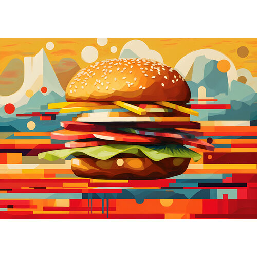 Постер - "Бургер в стиле абстракционизм"на плотной бумаге / А4 / в тубусе без рамы